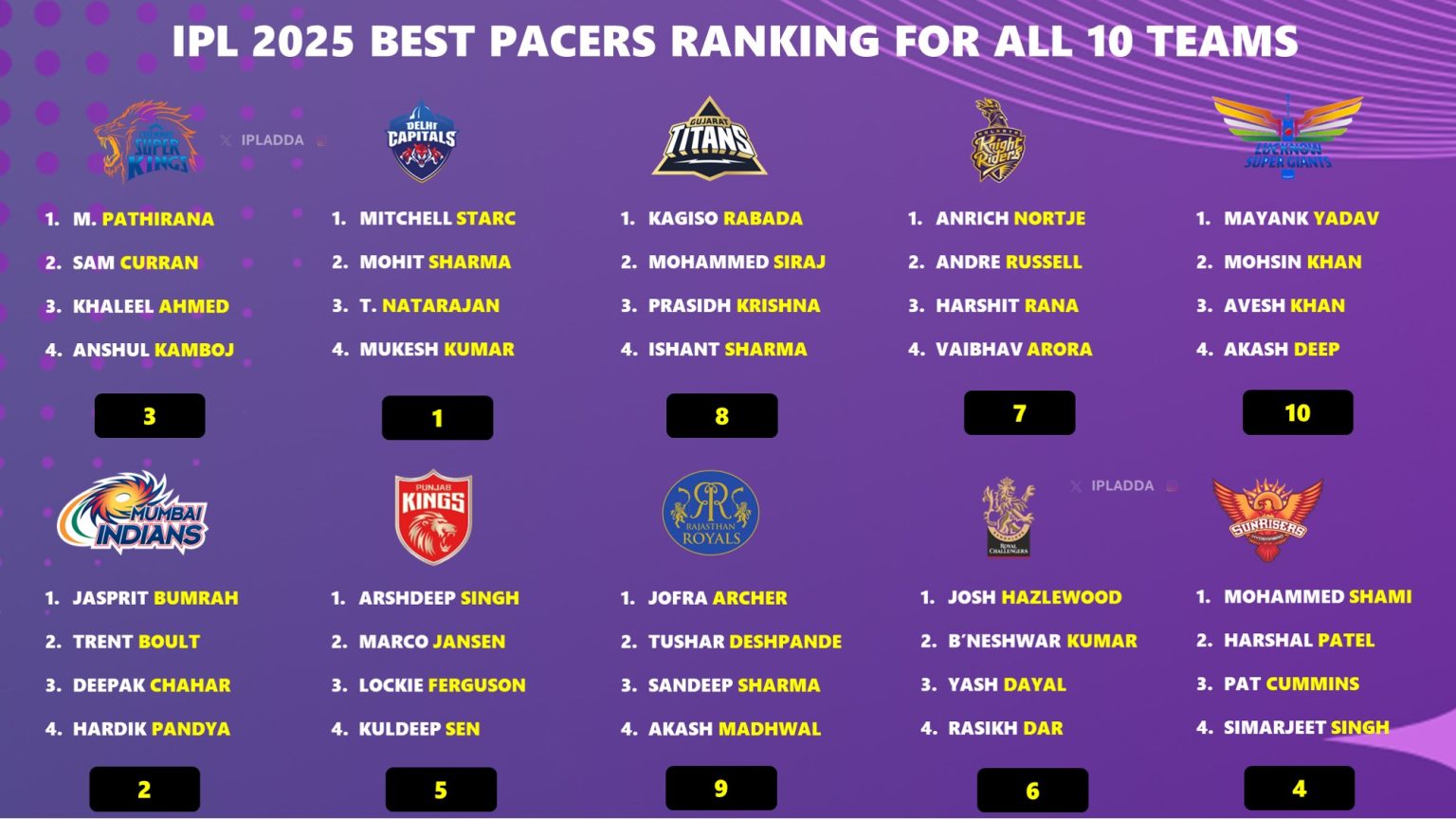 IPL 2025 Ranking the Best Pacers for All 10 Teams